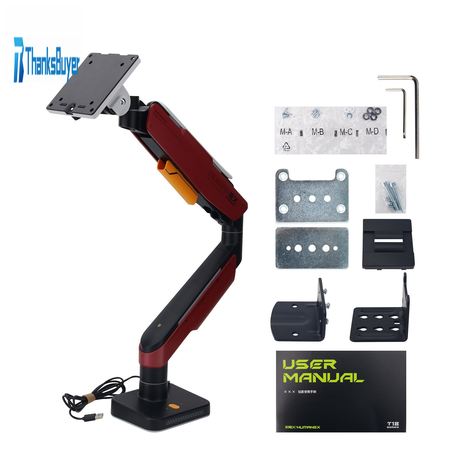 HumaneX T18-1E RGB Gaming Monitor Stand Monitor Arm (Red) with 20KG Pa