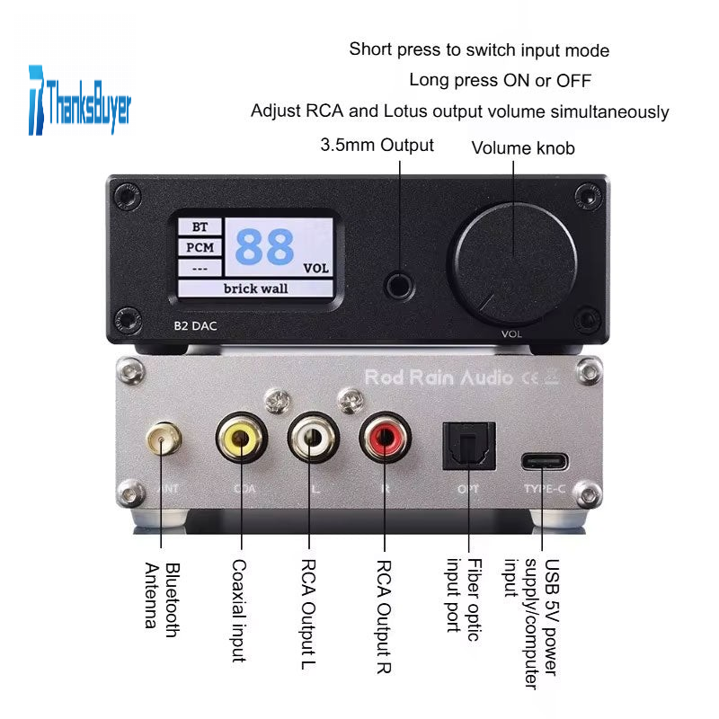 Rod Rain Audio B2 Dual ES9038Q2M QCC3084 Bluetooth5.4 Receiver Audio D