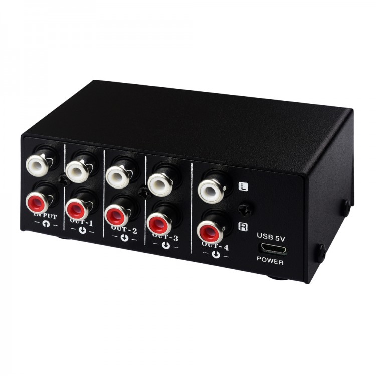 B063 1 Input 4 Output Audio Signal Splitter Box Stereo Signal Source Splitter With Rca Ports