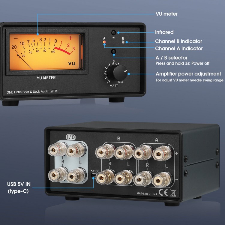 Vu102 2 In 1 Out 1 In 2 Out Amplifier Speaker Selector Switch Box With Vu Level Meter Support